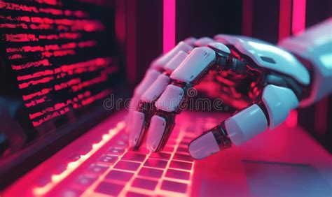 Robotic Hand Typing On Keyboard In Neon Lit Environment Showcasing