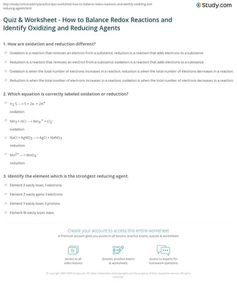 Quiz And Worksheet How To Balance Redox Reactions And Identify Oxidizing And Reducing Agents