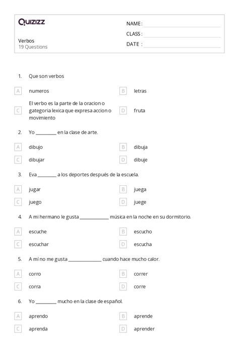 50 Verbos Hojas De Trabajo Para Grado 4 En Quizizz Gratis E Imprimible