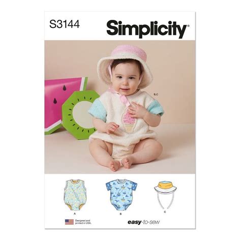 Simplicity S3144 Babies Contrast Bodysuit And Bucket Hat Sewing