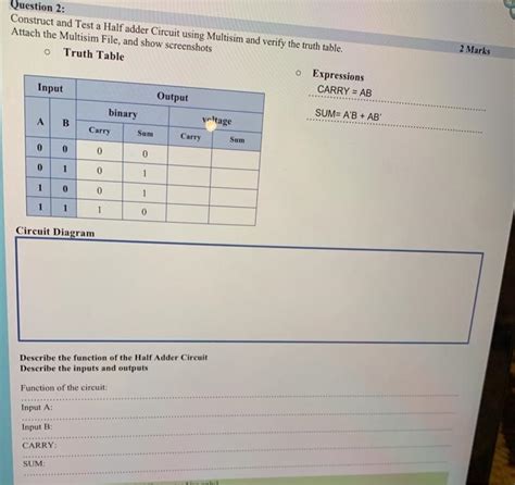 Solved 2 Marks Question 2 Construct And Test A Half Adder