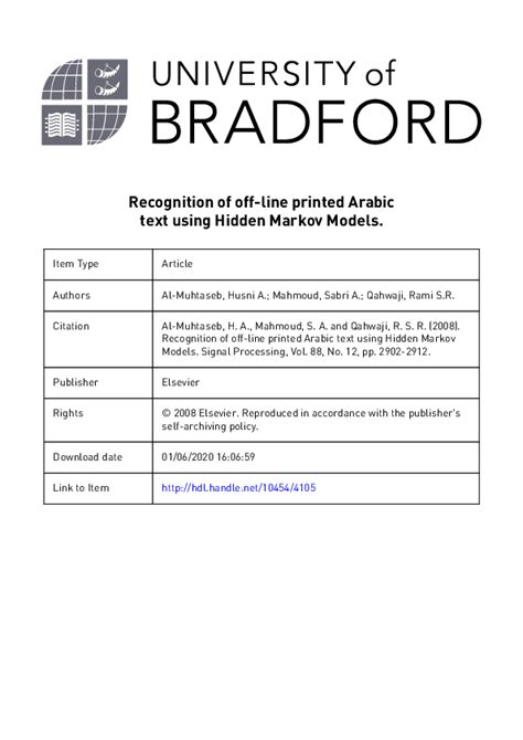 Pdf Recognition Of Off Line Printed Arabic Text Using Hidden Markov Models