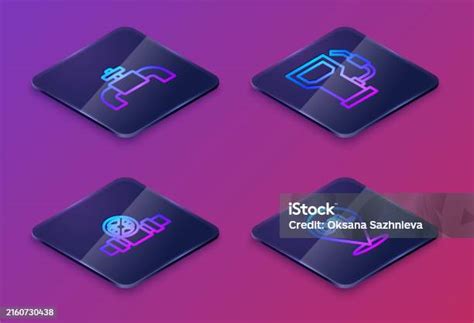 아이소 메트릭 라인 금속 파이프 및 밸브 휘발유 또는 주유소 및 휘발유 연료 보충 위치를 설정합니다 파란색 사각형 버튼입니다 벡터 3차원 형태에 대한 스톡 벡터 아트 및