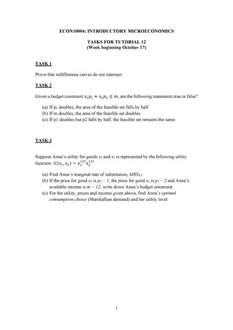 Week 12 Tutorial Tasks 1 Econ10004 Introductory Microeconomics Tasks