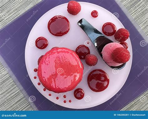 Big Pink Cake Macaron Or Macaroon With Raspberry And Ice Cream Stock