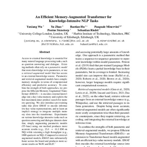 An Efficient Memory Augmented Transformer For Knowledge Intensive Nlp Tasks Acl Anthology