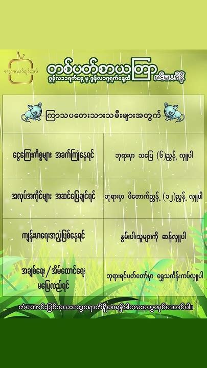 ဇွန်လ ၁၁ ရက်နေ့ကနေ ဇွန်လ ၁၇ ရက်အတွင်း ၇ရက်သားသမီးများအတွက် တစ်ပတ်စာယတြာ Shorts Youtube