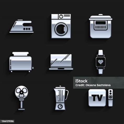 노트북 블렌더 Tv 박스 수신기 및 리모컨을 장착한 플레이어 하트 비트 레이트 전기 팬 토스터 토스트 슬로우 쿠커 및 아이언 아이콘을 보여주는 스마트 워치를 설정합니다 벡터