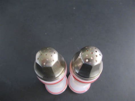Vintage Milk Glass Salt Pepper Shakers Red Black Stripes Etsy