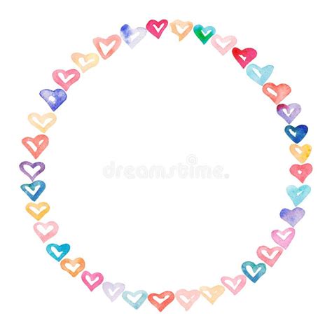 Hand Drawn Watercolor Hearts Round Frame Romantic Wreath For
