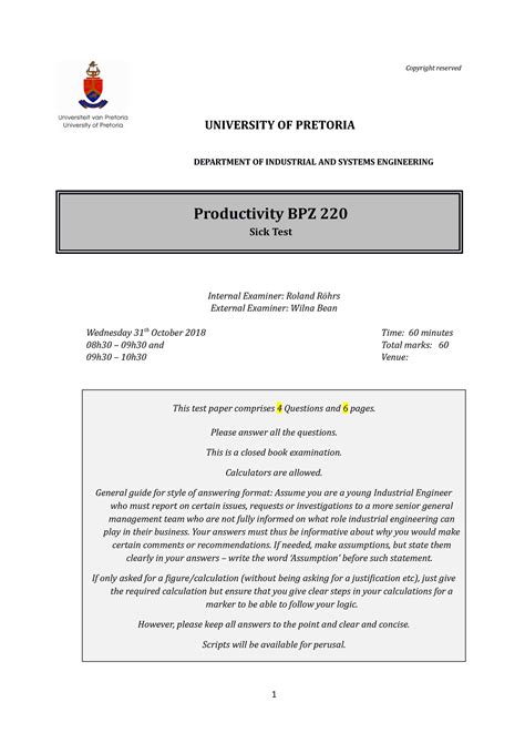 2 3 63 Test Sick Test 2018 Memorandum BPZ 220 Copyright