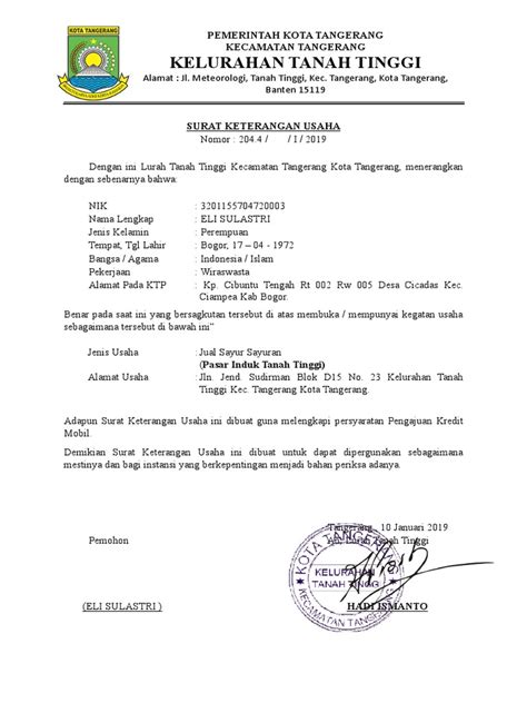 Contoh Surat Izin Usaha Dari Kelurahan