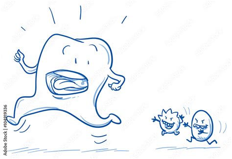 Cute Cartoon Tooth Being Chased By Two Bacterias Hand Drawn Line Art Cartoon Vector
