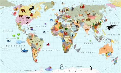 Fototapeta kolorowa mapa świata dla dzieci po polsku North asia Arctic ocean Atlantic pacific