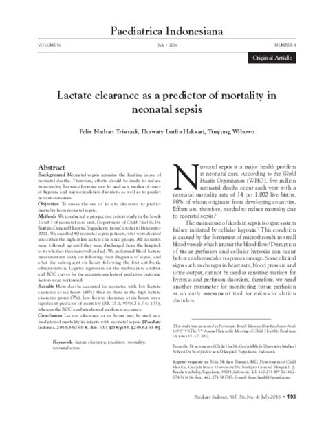 Pdf Lactate Clearance As A Predictor Of Mortality In Neonatal Sepsis