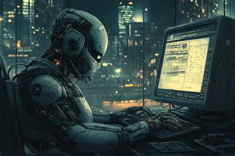 robot software engineer working late at night in office with city view