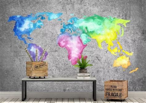 Adesivo Parede Mapa Mundi Painel Cimento Queimado Colorido Mebuscar