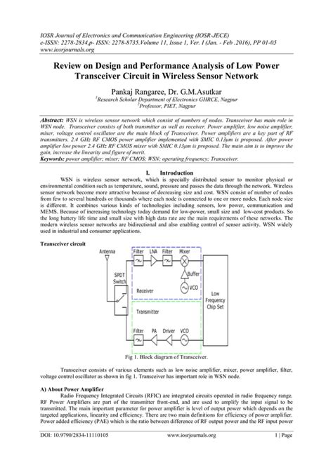 Review On Design And Performance Analysis Of Low Power Transceiver Circuit In Wireless Sensor