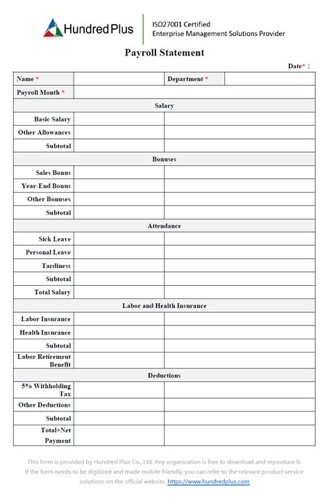 Example Form Payroll Statement 101EIP Net