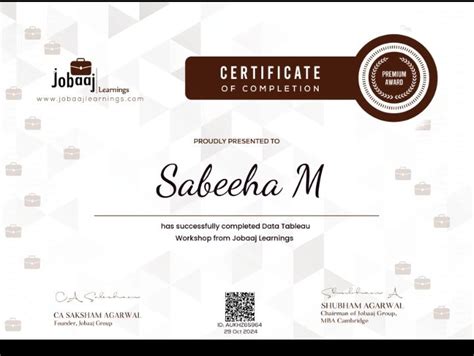 M Sabeeha On Linkedin Certificate For The Workshop On Data Tableau