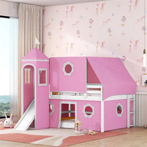 Pink Full Size Wood Loft Bed With Slide Tent Tower And Flower Windows