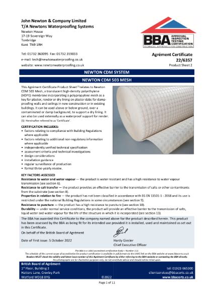 Agrement Certificate 22 6357 Product Sheet 2 Newton Cdm 503 Mesh Newton Waterproofing Systems