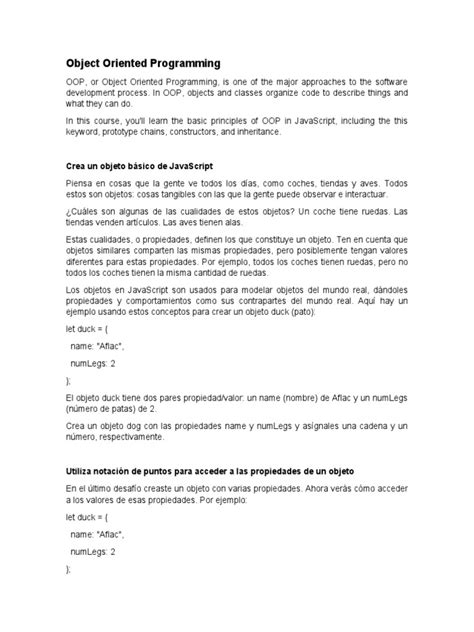Object Oriented Programming Crea Un Objeto Básico De Javascript Pdf Bootstrap Marco
