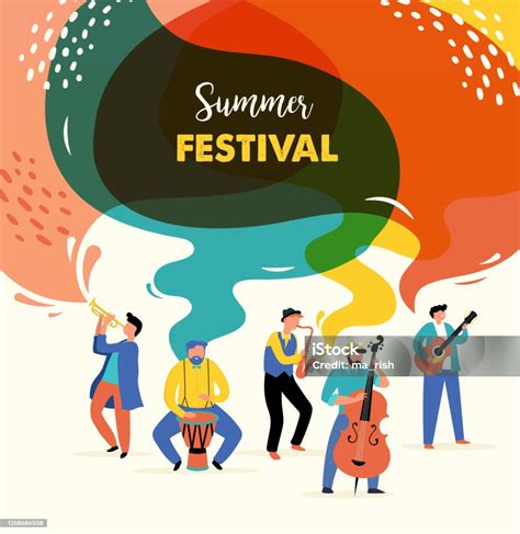 여름 축제 라이브 음악 축제 재즈와 록 푸드 스트리트 페어 가족 박람회 이벤트 포스터 및 배너 다채로운 벡터 디자인의 개념