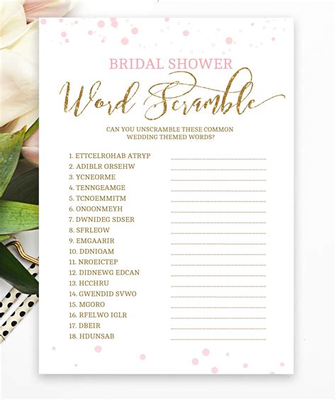 Bridal Word Scramble Pink And Gold Bridal Shower Bridal Shower Games Bachelorette Party Game