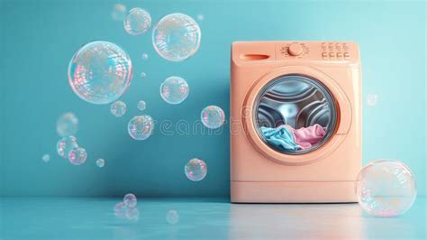 Retro Style Washing Machine With Bubbles And Laundry On Blue Background