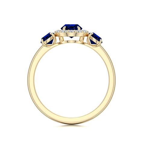 Claw Prong Oval Lab Grown Blue Sapphire Halo Three Stone Ring