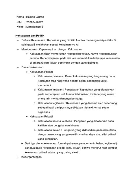 Ringkasan Materi Kekuasaan Daan Politik Raihan Gibran 223 E Pdf