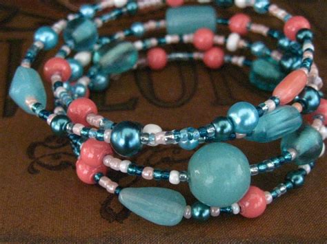 Coral And Mint Turquoise Beaded Memory Wire Bracelet Multi Strand