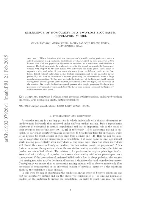 Pdf Emergence Of Homogamy In A Two Loci Stochastic Population Model