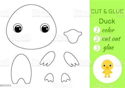 색칠 공부 는 아기 오리를 잘라 접착제 유치원 어린이를위한 교육 종이 게임 워크시트를 잘라내고 붙여넣습니다 종이에 색상 절단 부품 및 접착제 벡터 그림입니다 0명에 대한