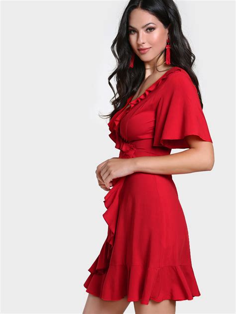 Frill Trim Ruffle Sleeve Surplice Wrap Dress Sheinsheinside