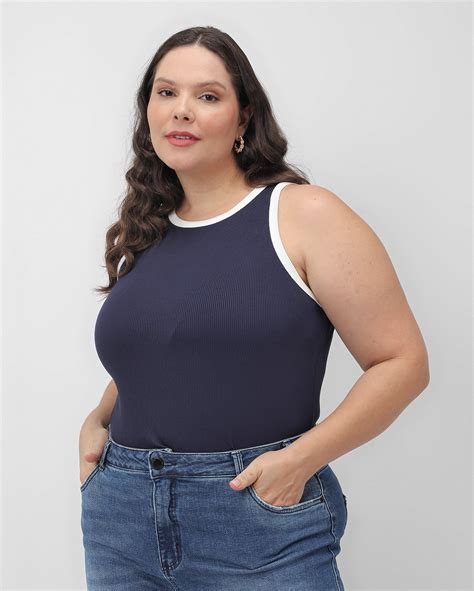 Regata plus size feminina viés canelada azul AK Plus by Riachuelo
