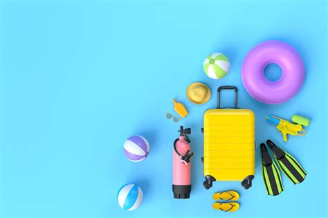 파란색 배경에 해변 액세서리가있는 다채로운 가방 이나 수하물 모래에 대한 스톡 사진 및 기타 이미지 모래 완구류 개체
