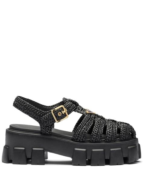 Prada Monolith Raffia Platform Sandals In Black Lyst