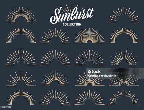 빈티지 선버스트 컬렉션 폭발하는 태양 광선 불꽃놀이 로고 타입 또는 글자 디자인 요소 방사형 일몰 광선 벡터 일러스트레이션 개체 그룹에 대한 스톡 벡터 아트 및 기타 이미지