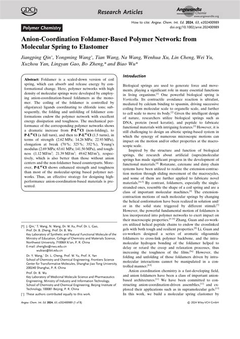Anion‐coordination Foldamer‐based Polymer Network From Molecular Spring To Elastomer Request Pdf