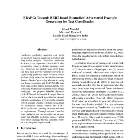 Bbaeg Towards Bert Based Biomedical Adversarial Example Generation For Text Classification
