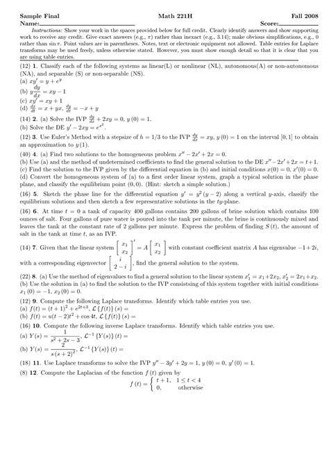 Questions For Sample Final Exam Differential Equations Math 221