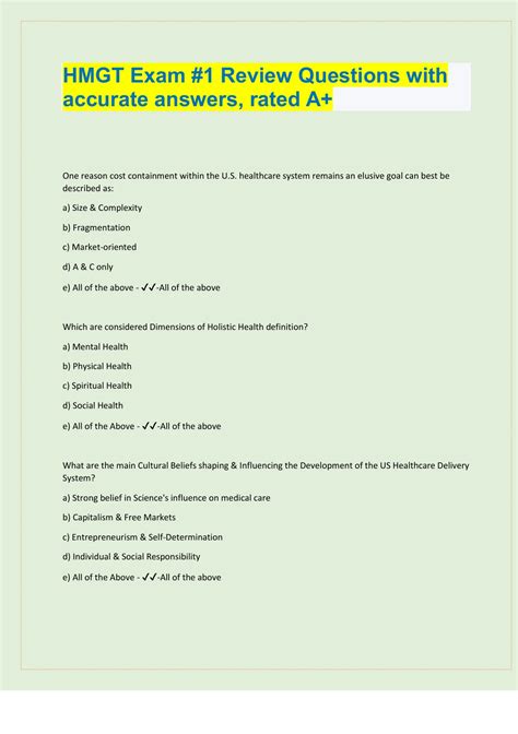 HMGT Exam 1 Review Questions With Accurate Answers Rated A HMGT