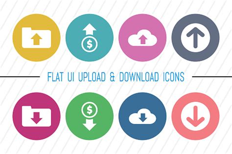 플랫 Ui 8 컬러 다운로드 및 업로드 아이콘 세트 Eps10입니다 매우으로 유용한 다운로드 및 업로드 아이콘 설정 간단한 그림 웹 모바일 소프트웨어 및 애플 리 케이 션에