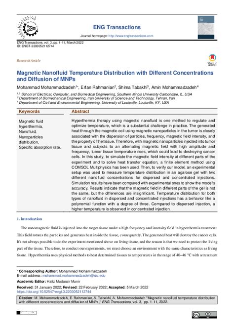 Pdf Magnetic Nanofluid Temperature Distribution With Different Concentrations And Diffusion Of