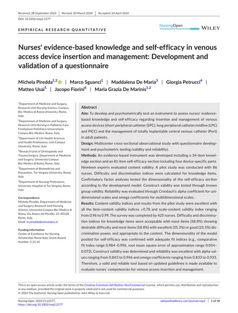 Pdf Nurses Evidence‐based Knowledge And Self‐efficacy In Venous Access Device Insertion And