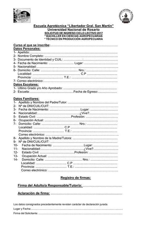 ficha de solicitud de ingreso ESCUELA AGROTÉCNICA Casilda