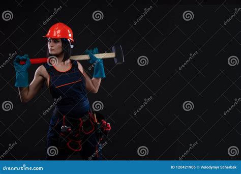 Sex Equality And Feminism Girl In Safety Helmet Holding Hammer Tool Attractive Woman Working