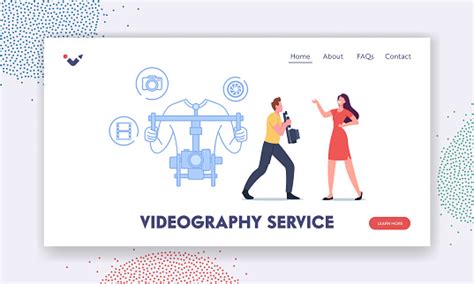 비디오 그래피 서비스 방문 페이지 템플릿 비디오 그래퍼 또는 카메라맨 캐릭터 와 카메라 녹화 여성 기자 가정용 캠코더에 대한 스톡 벡터 아트 및 기타 이미지 Istock